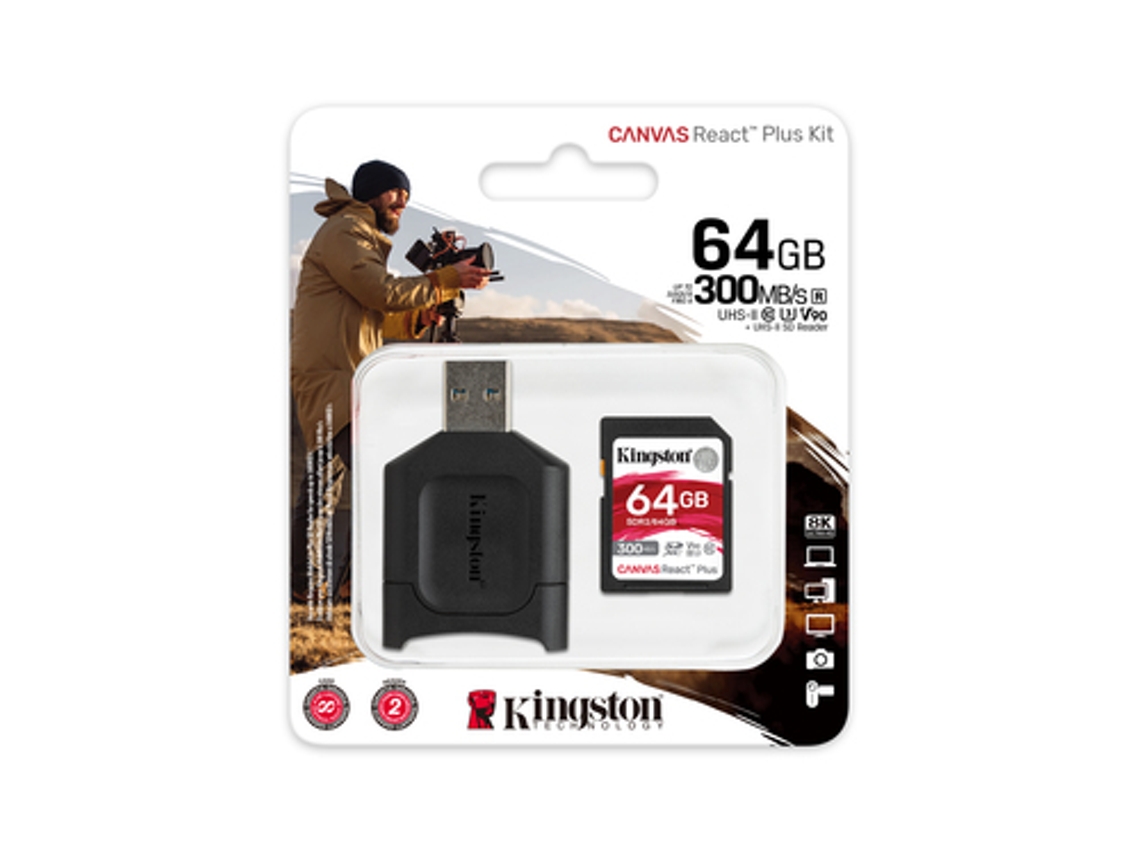 Cartão de Memória SD KINGSTON React Plus (64 GB - Class 10, UHS-II, U3, V90) | Worten.pt
