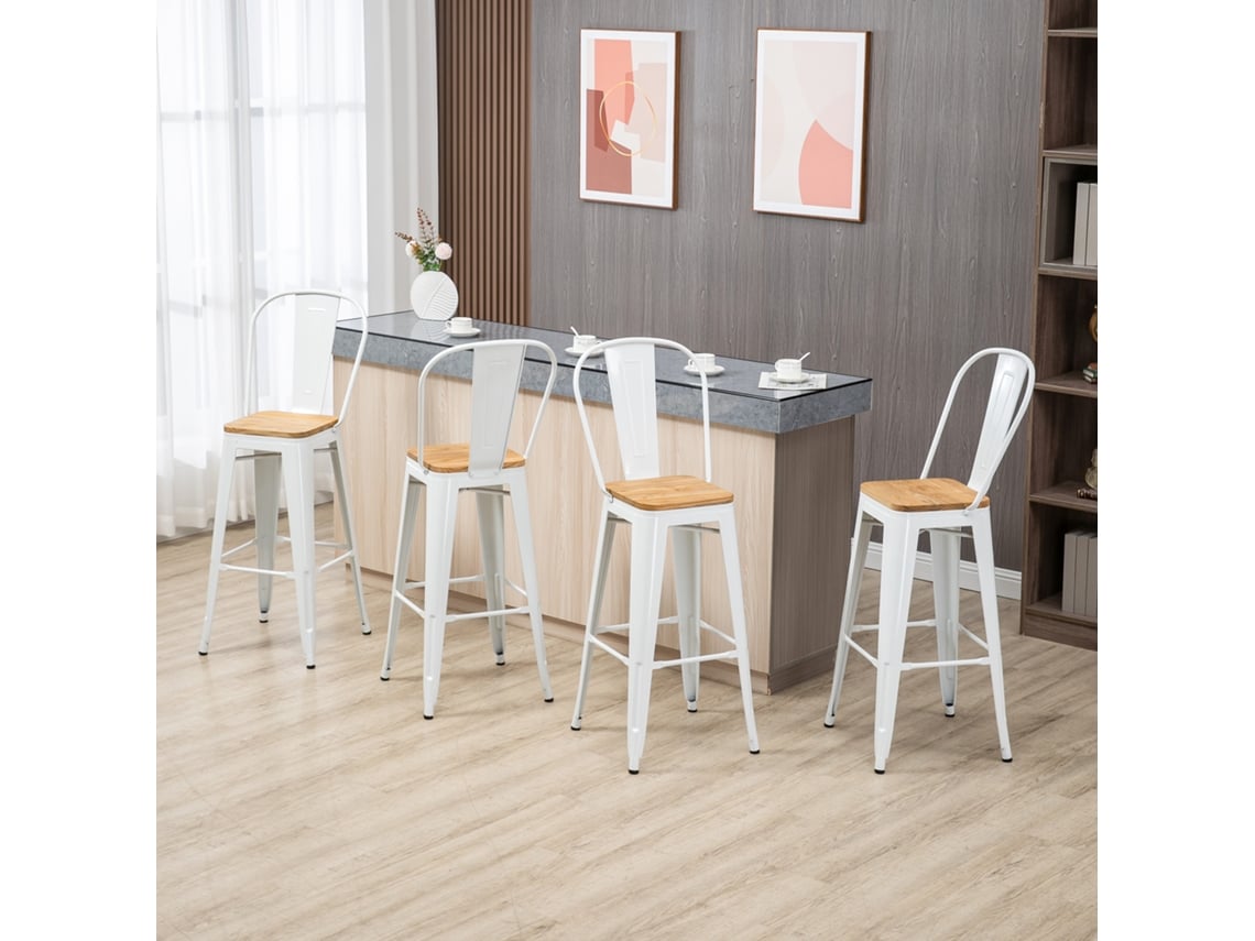 HOMCOM Conjunto de 4 Bancos Altos de Cozinha Empilháveis com Encosto ...