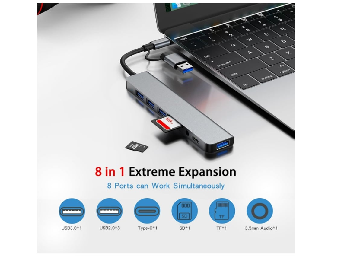 Hub Usb Hub Usb-C 8 Portas 1 Adaptador Multiportas com Conector 2 em 1 Divisor Usb 3.0 Fino ...