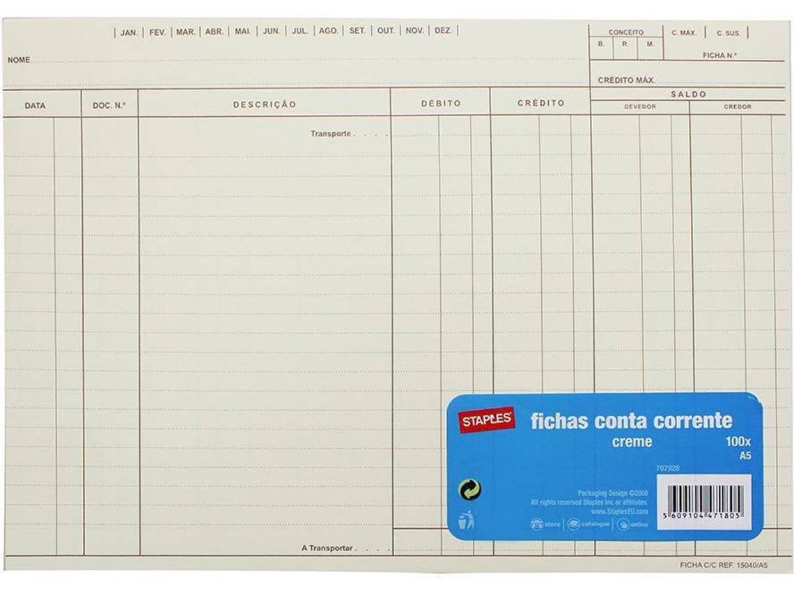 Fichas Conta Corrente STAPLES 707928 (A5 - 100 Folhas) | Worten.pt