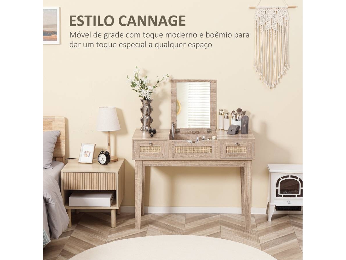 Toucador de Maquilhagem HOMCOM 831-575V00AK Melamina de Madeira e Vime ...