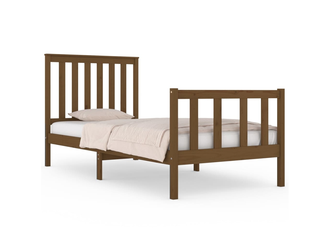 Cama com Estrado de Solteiro Madeira de Pinho Maciça Castanho Mel ...