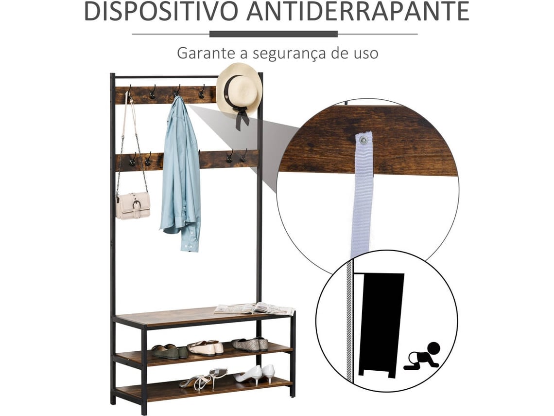 Bengaleiro HOMCOM Com sapateira 12 ganchos Banco estilo industrial ...
