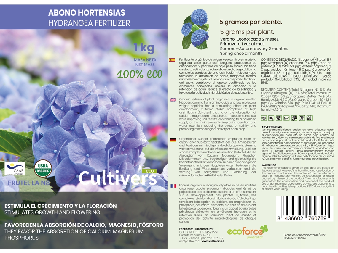 CULTIVERS Adubo Biológico Hortênsias e Camélia, 1 Kg Adubo 100% ...