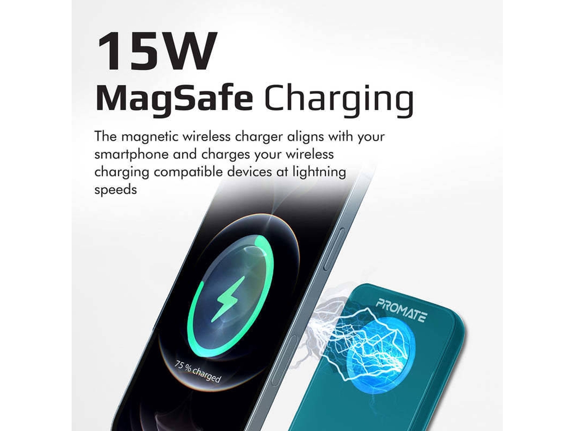 Power Bank Sem Fio PROMATE Powermag-10+ MagSafe 15W Azul | Worten.pt