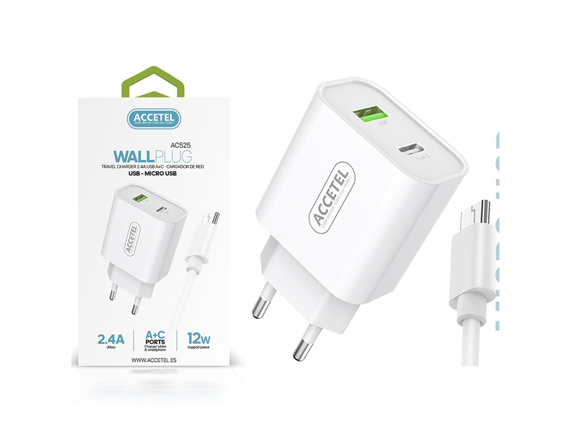 Kit Carregador Dupla Entrada Usb + Type-C com Cabo Micro-Usb Ac525 para Xiaomi Redmi 12C Rápido ...