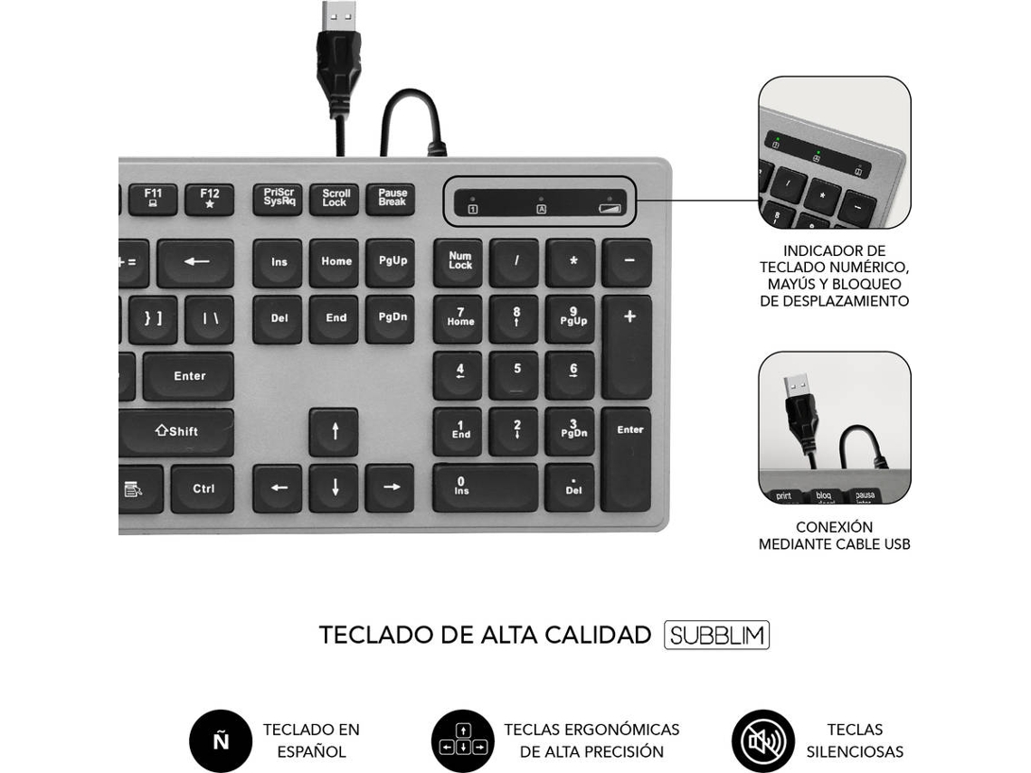 Teclado SUBBLIM SUBKBC-0EKE10 Cinzento (USB - Layout Espanhol) | Worten.pt