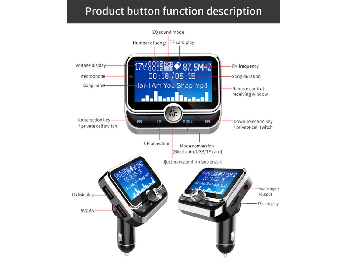 Kit para Carro Bluetooth Handsfree Transmitter Fm Aux Audio Car Player ...