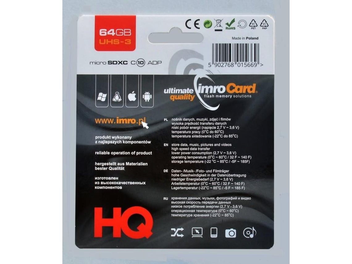 Imro Microsd10/64Gb Uhs-3 Adp Memory Card Cartão de Memória Microsdxc ...