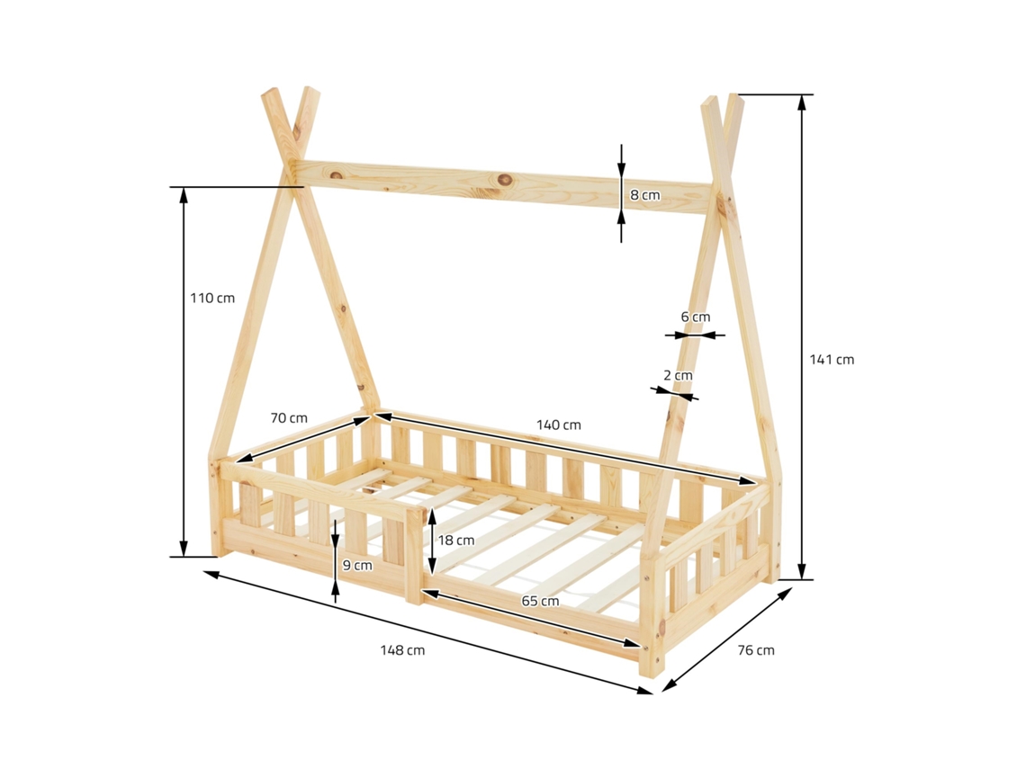 Cot Tipi com Protecção Contra Queda e Armação de Ripas 70X140 Cm ML ...