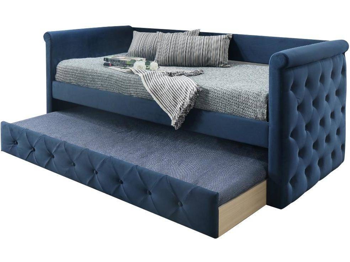 Cama Dupla com Gaveta Louise VENTE-UNIQUE (Azul Escuro - Tecido e ...