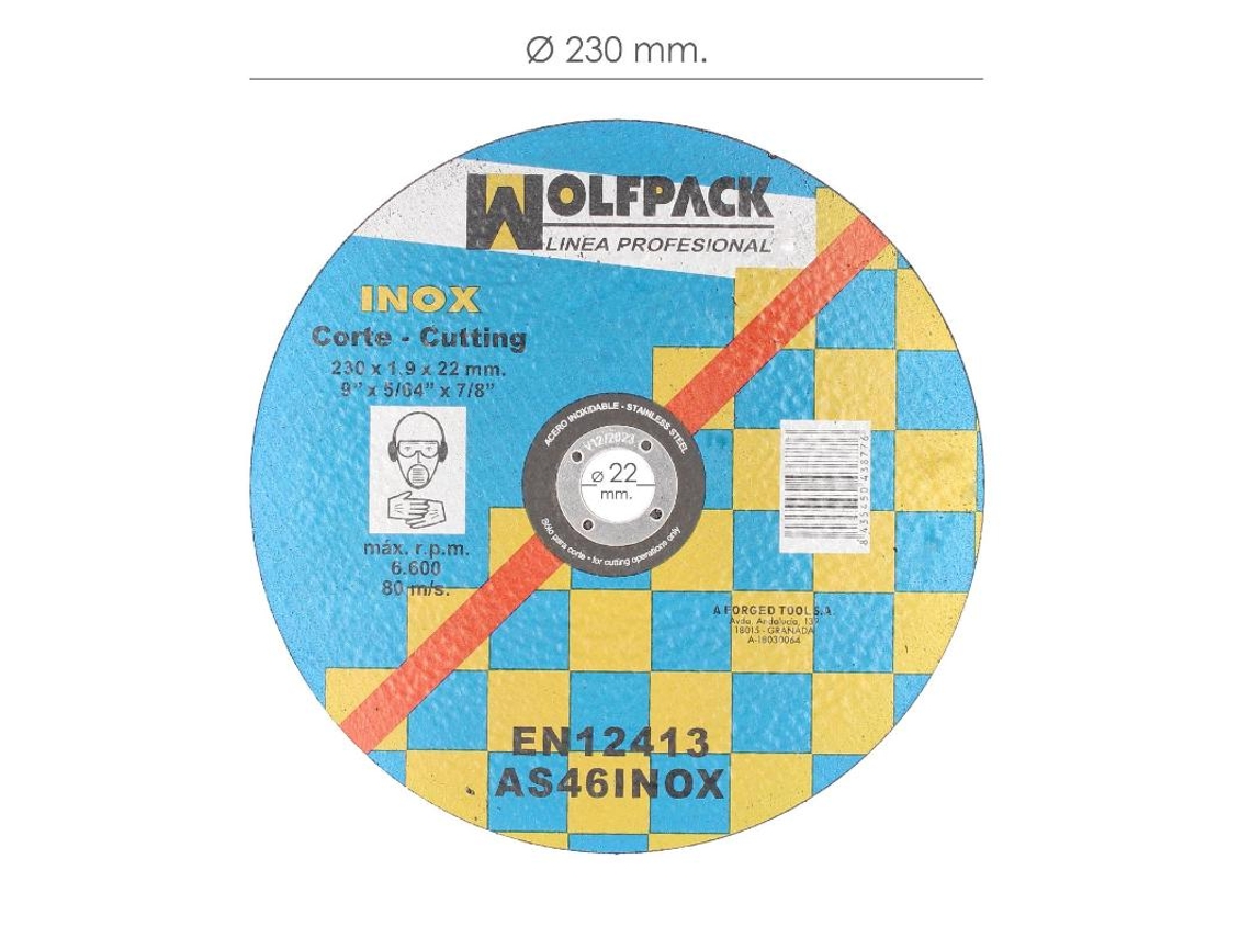 Disco de Corte Abrasivo Para Aço Inox 230X1.9X22.2 mm WOLFPACK LINEA ...