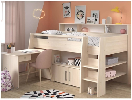 Cama Combinada com Secretária e Arrumação Apoline VENTE-UNIQUE (Natural ...