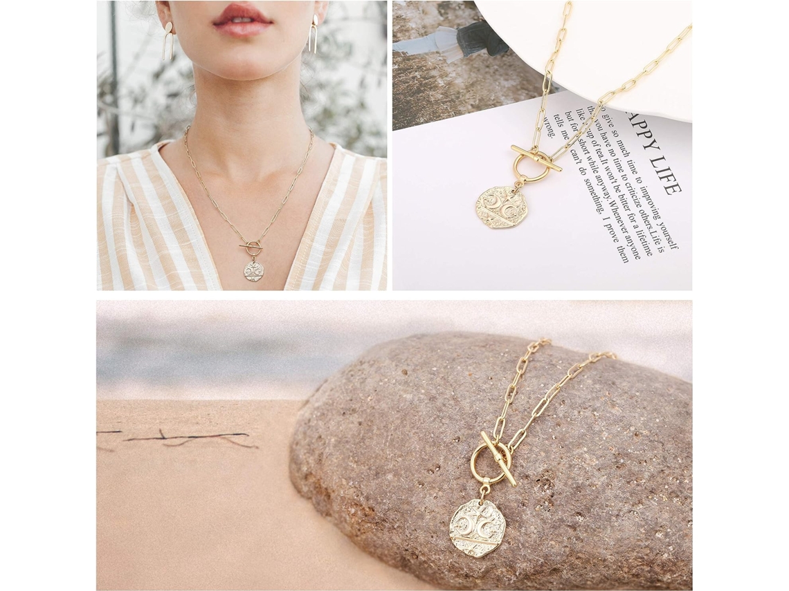 Colares De Ouro Para Mulheres Colar Banhado A Ouro Medalhão Vintage Com Moedas De Sol E Lua ...