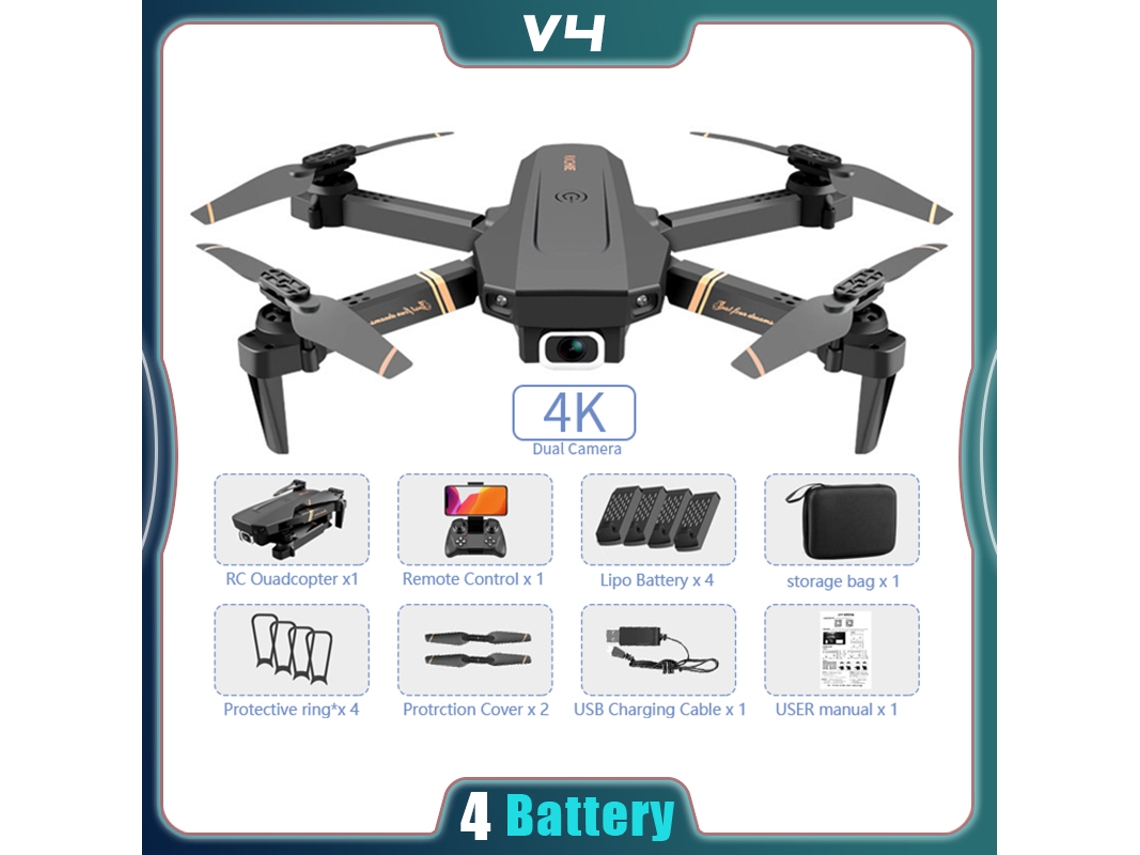 Drone ENZONS V4 Rc com Câmera Grande Angular 4K Hd 4 Baterias Autonomia ...
