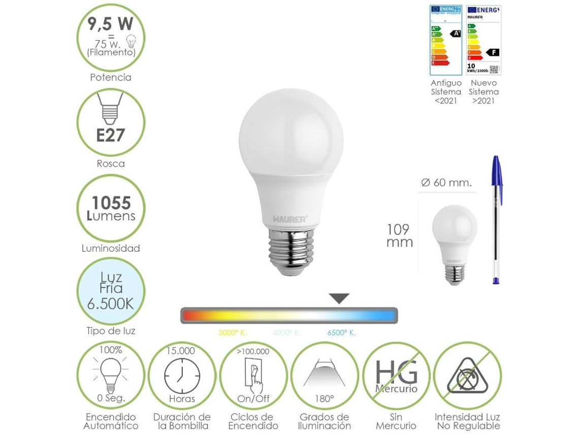 Bombilla led estandar rosca e27. 9.5 watt. equivale a 75 watt. 1055 lumenes. luz fría (6500 k ...