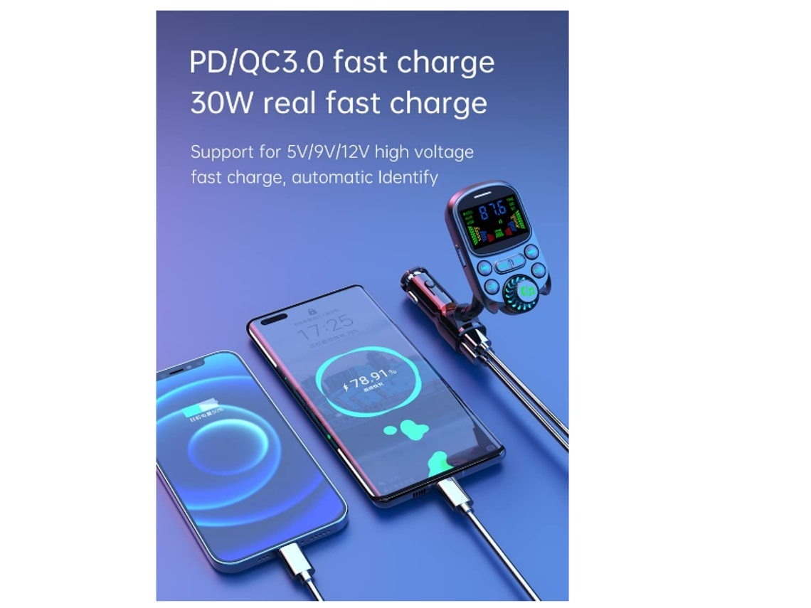 Transmissor FM Bluetooth 5.3, Chamada Hands Free [30W PD&QC3.0] Modo ...