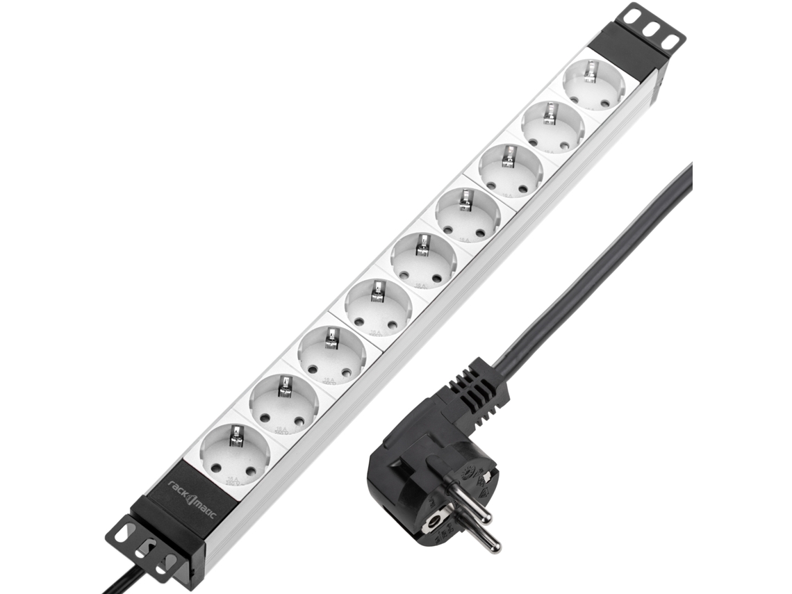Listwa aluminiowa z 9 białymi wtykami typu Schuko do szafy rack 19” 1U ...
