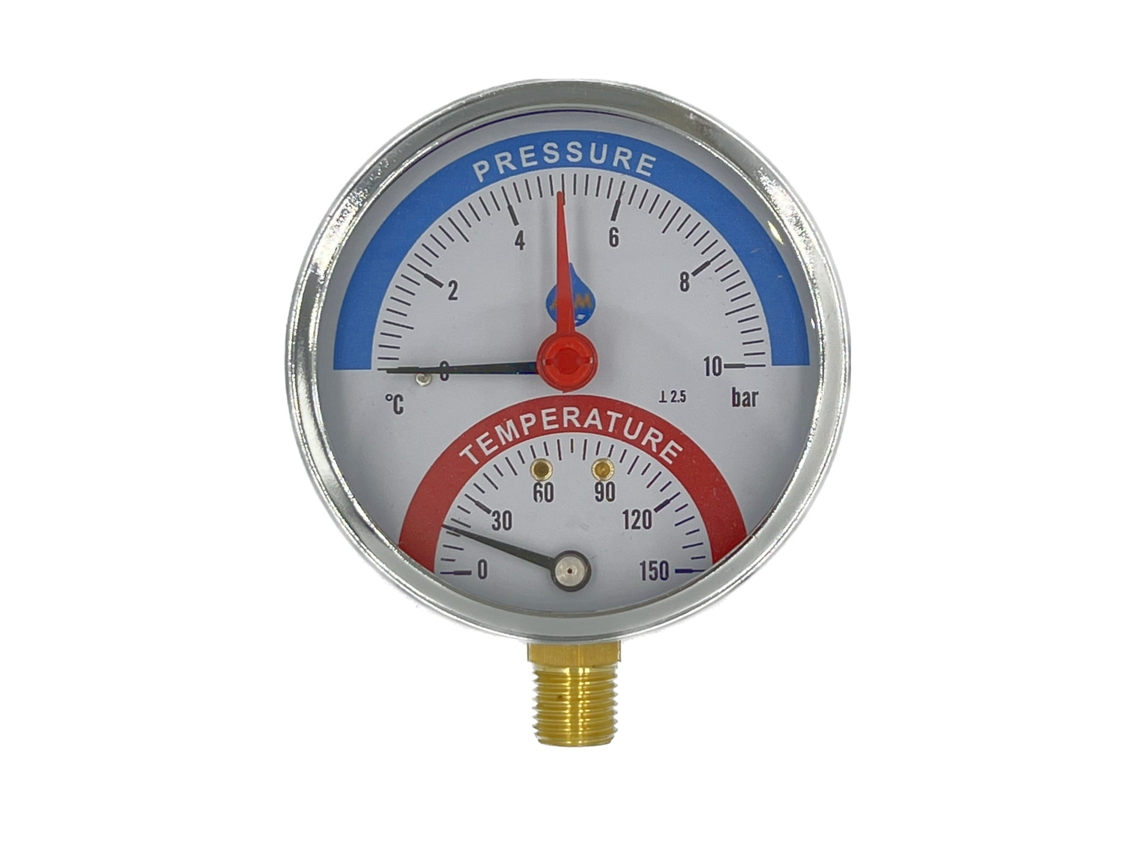 Termomanómetro de Temperatura e Pressão 80 mm Mostrador 0-120 °C 0-2,5 Bar Entrada Lateral 1/2 ...