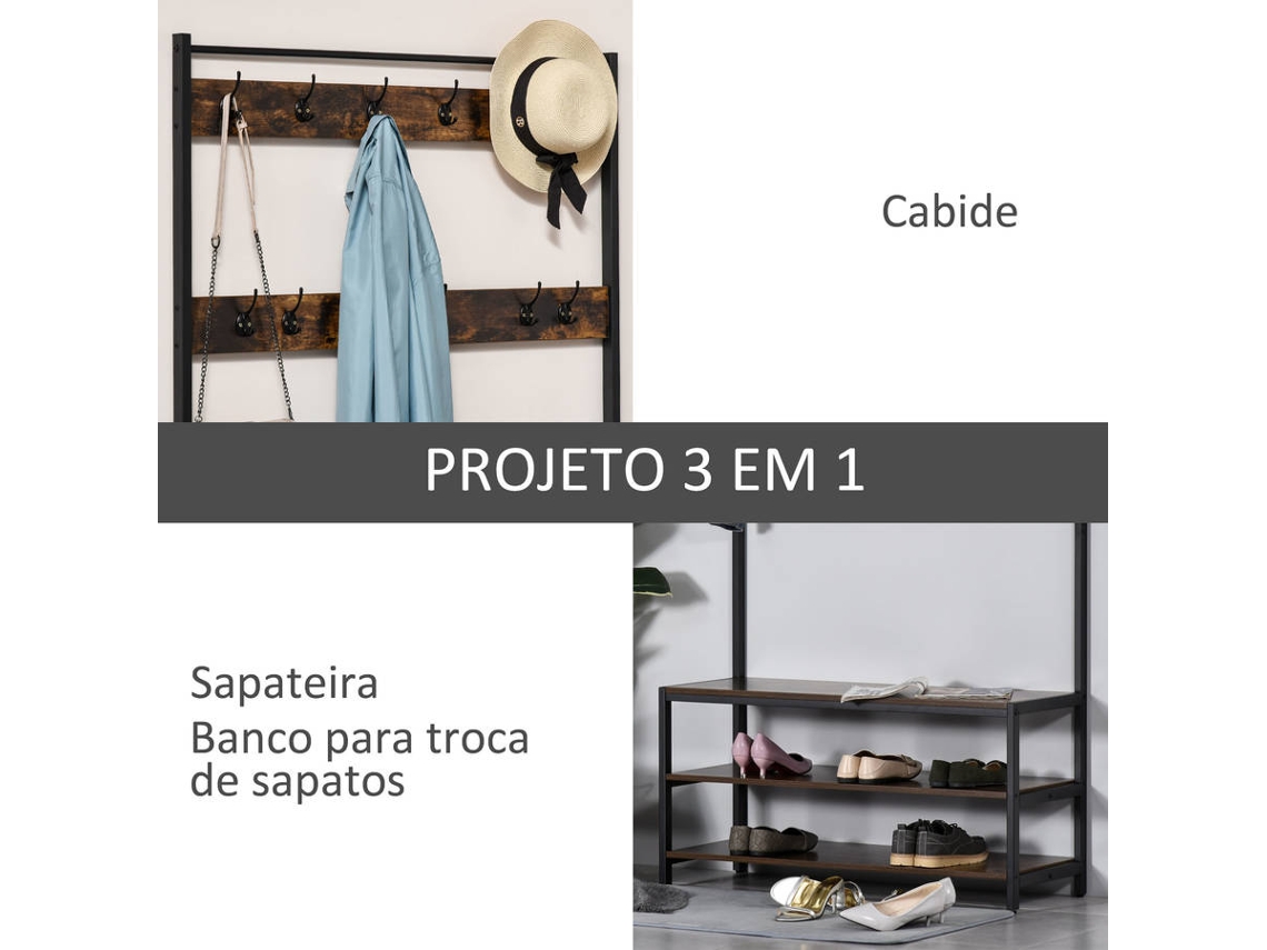 Bengaleiro HOMCOM Com sapateira 12 ganchos Banco estilo industrial ...