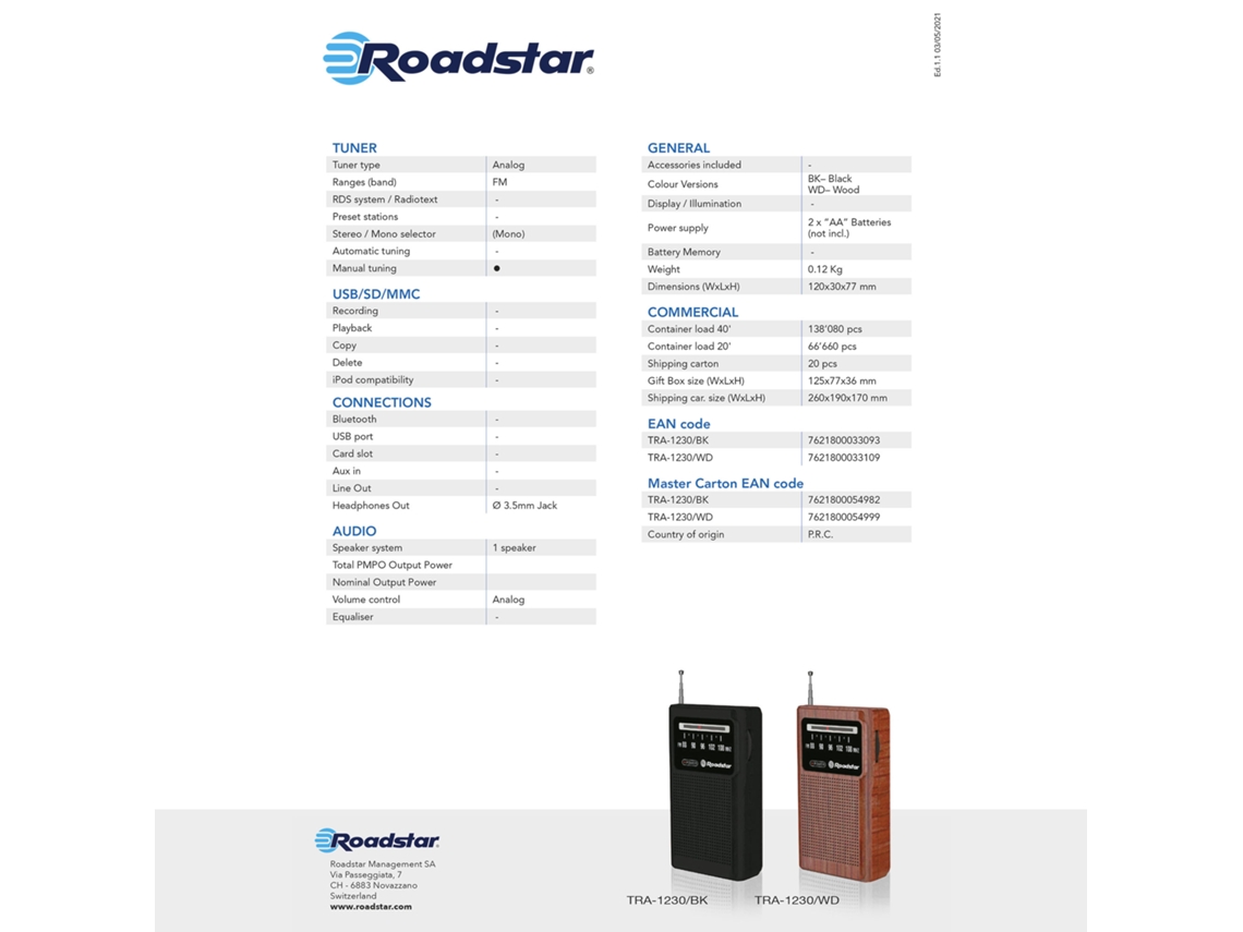 Rádio de bolso Roadstar TRA-1230/BK | Worten.pt