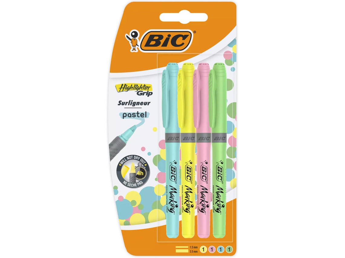 Pack 4 Sublinhadores Fluorescentes BIC Grip Cores Pastel | Worten.pt