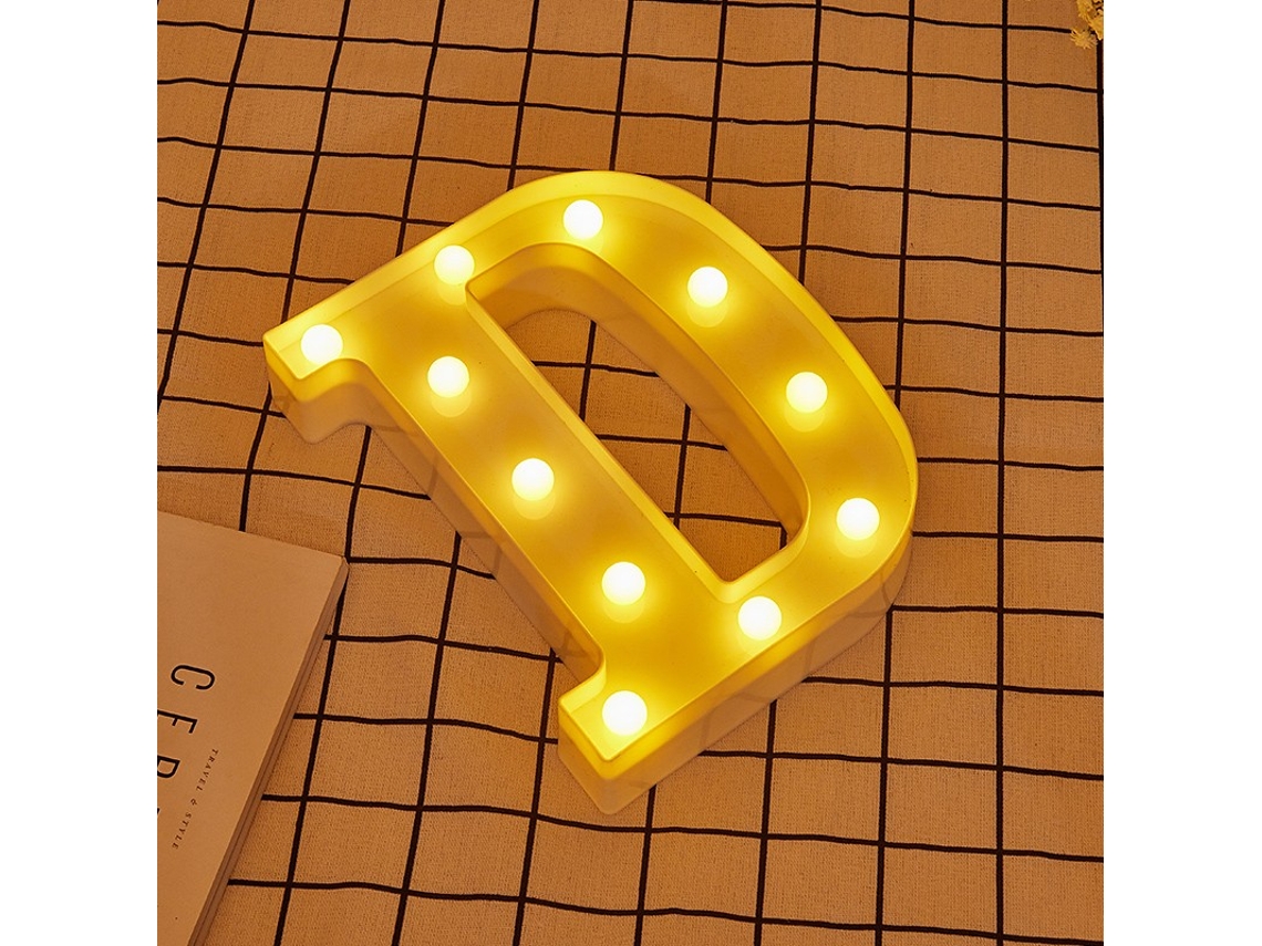 LED letra D iluminado com luz branca quente, altura 22cm, bateria ...