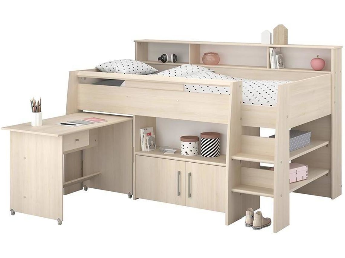 Cama Combinada com Secretária e Arrumação Apoline VENTE-UNIQUE (Natural ...