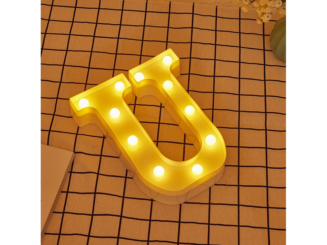 LED letra U iluminado com luz branca quente, altura 22cm, bateria ...