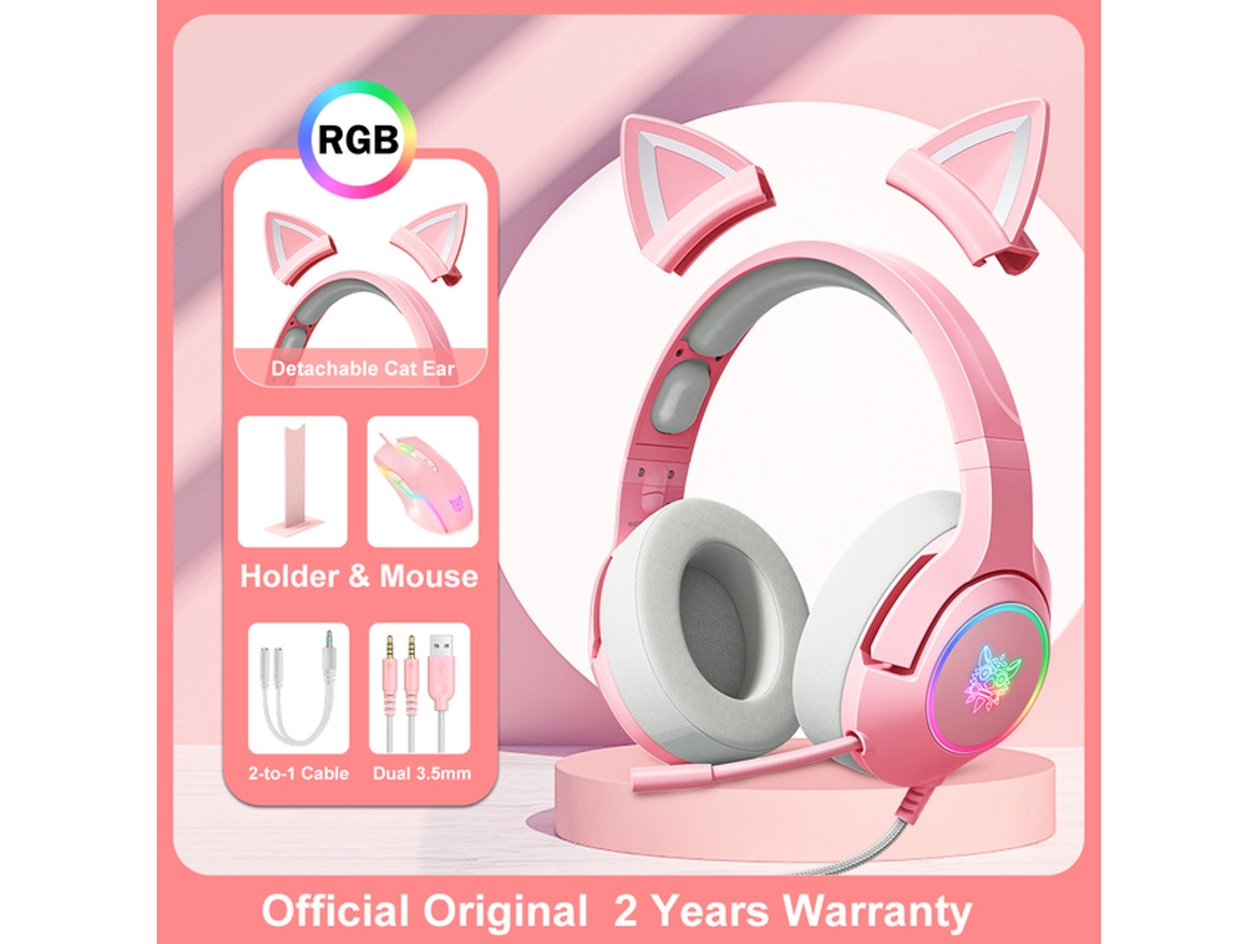 Onikuma K9 Pink Cat Ear Auscultadores com Rgb Led Light Flexível Mic ...