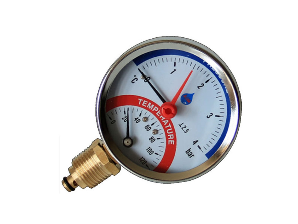 Termomanómetro de Temperatura e Pressão 80 mm Mostrador 0-120 °C 0-2,5 Bar Entrada Lateral 1/2 ...
