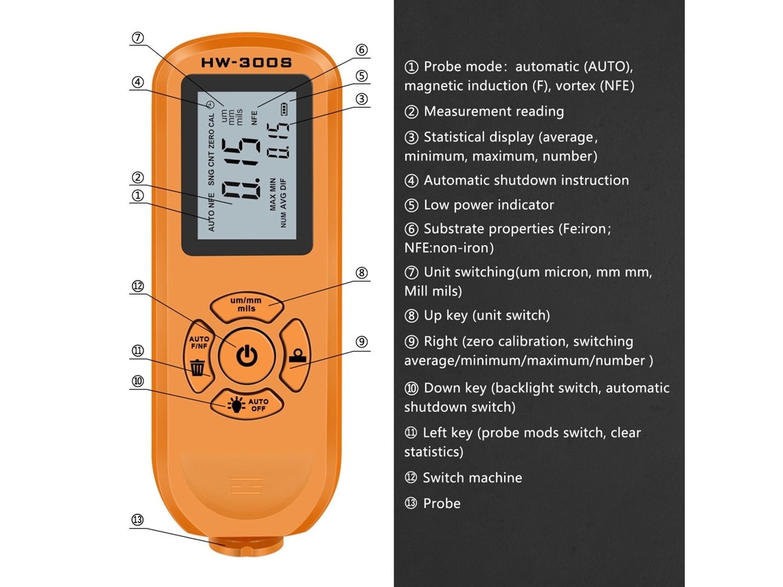 Medidor de Espessura de Revestimento Hw-300S 1 Mícron/0-2000Um HW-300S ...