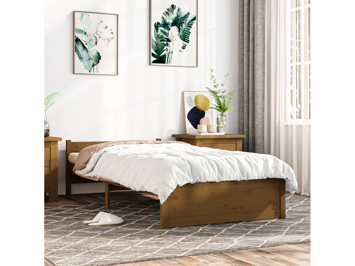 Cama com Estrado de Solteiro Madeira Castanho Mel (90x190 cm) | Worten.pt
