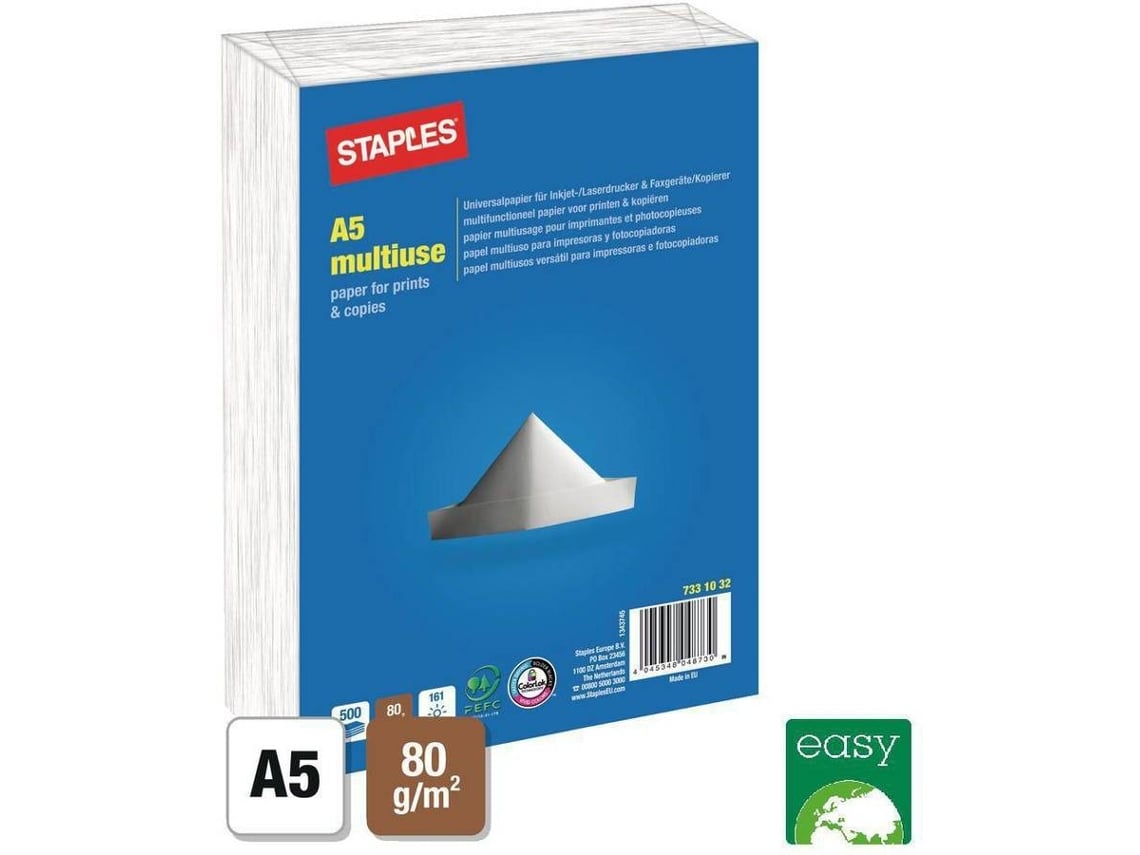 Papel de Impressão STAPLES Branco A5 (500 Folhas - 80 g/m²) | Worten.pt