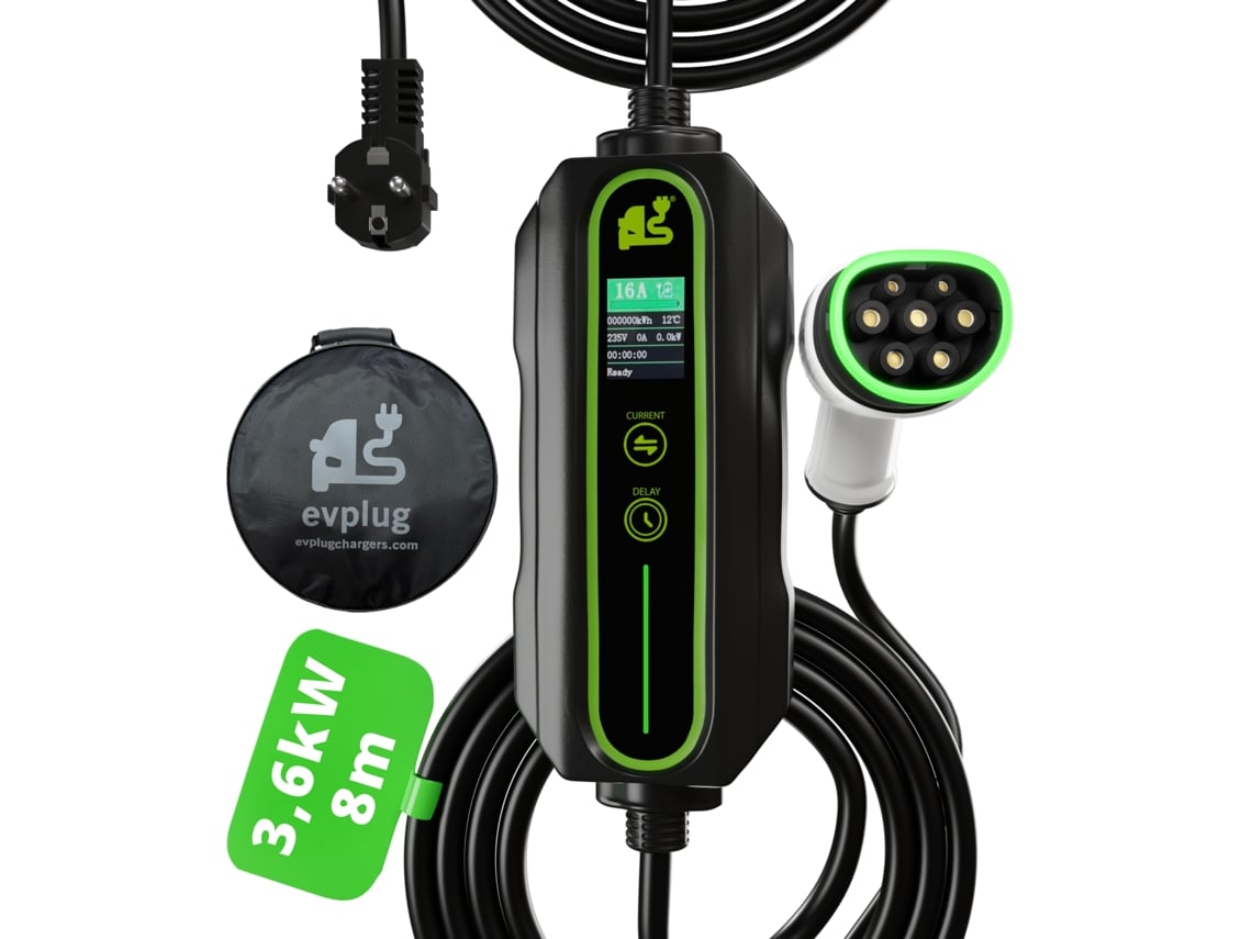 Carregador Portátil EVPLUG® EV PHEV Carro Eléctrico + Temporizador (Tipo 2 | 8m, 3.6kW | 16A ...