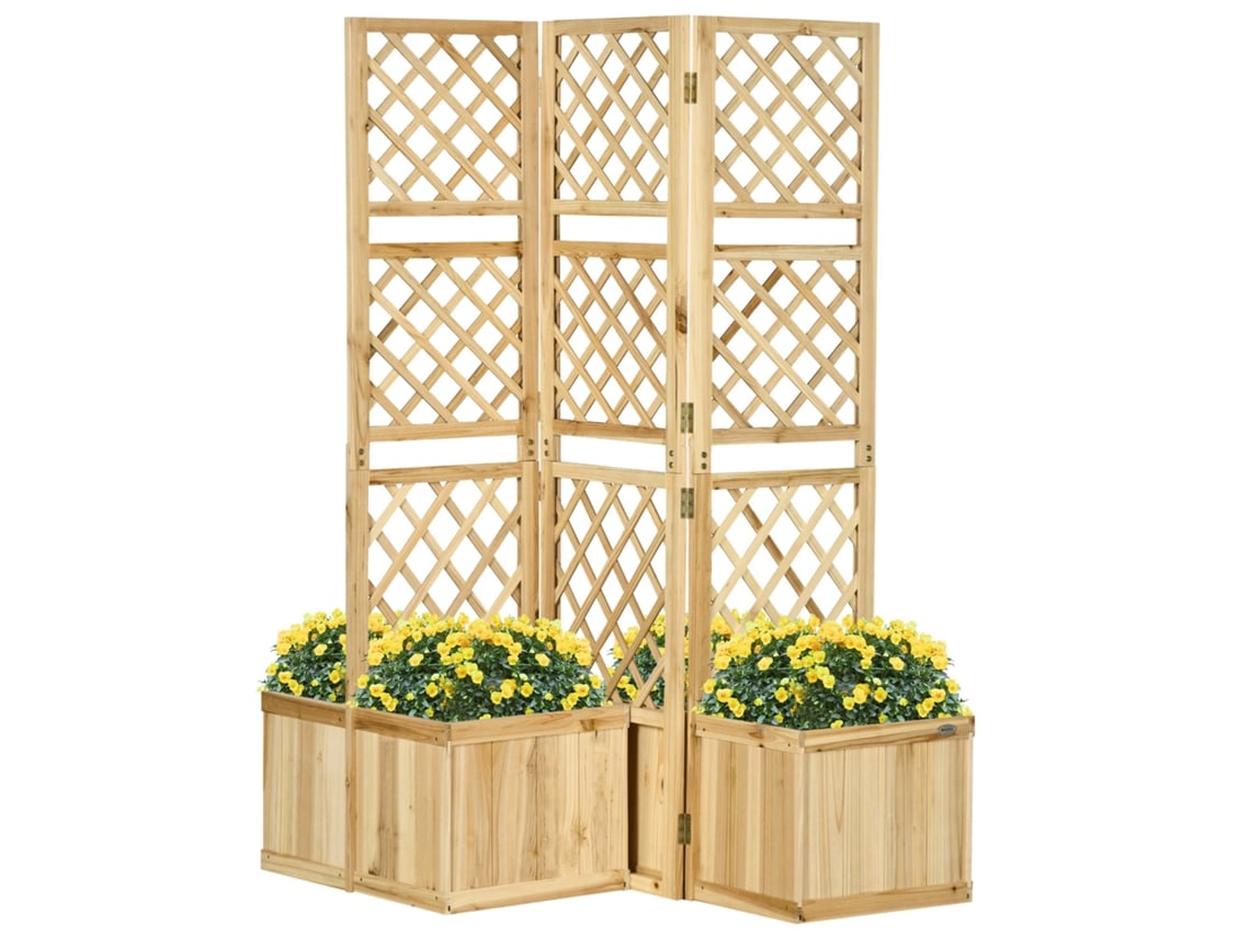 Biombo Exterior OUTSUNNY com 3 Painéis de Madeira e 4 Floreiras com ...